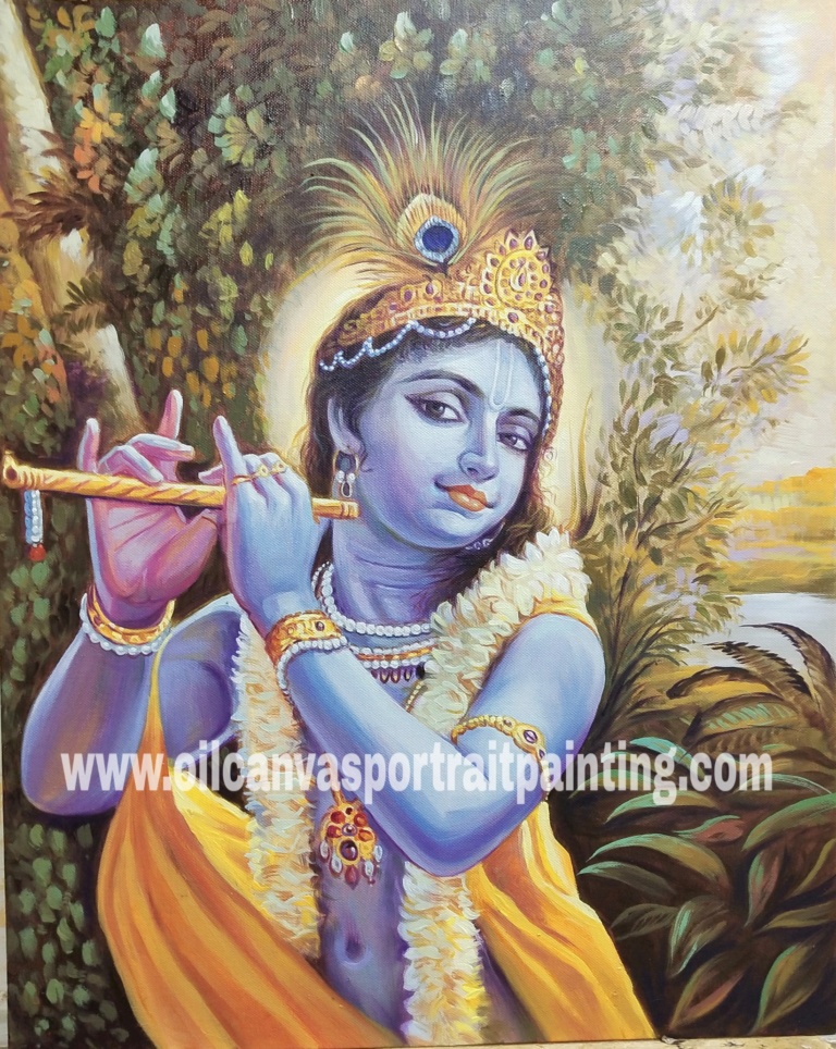 Krishna playing flute paintings - Indian Portrait Painting